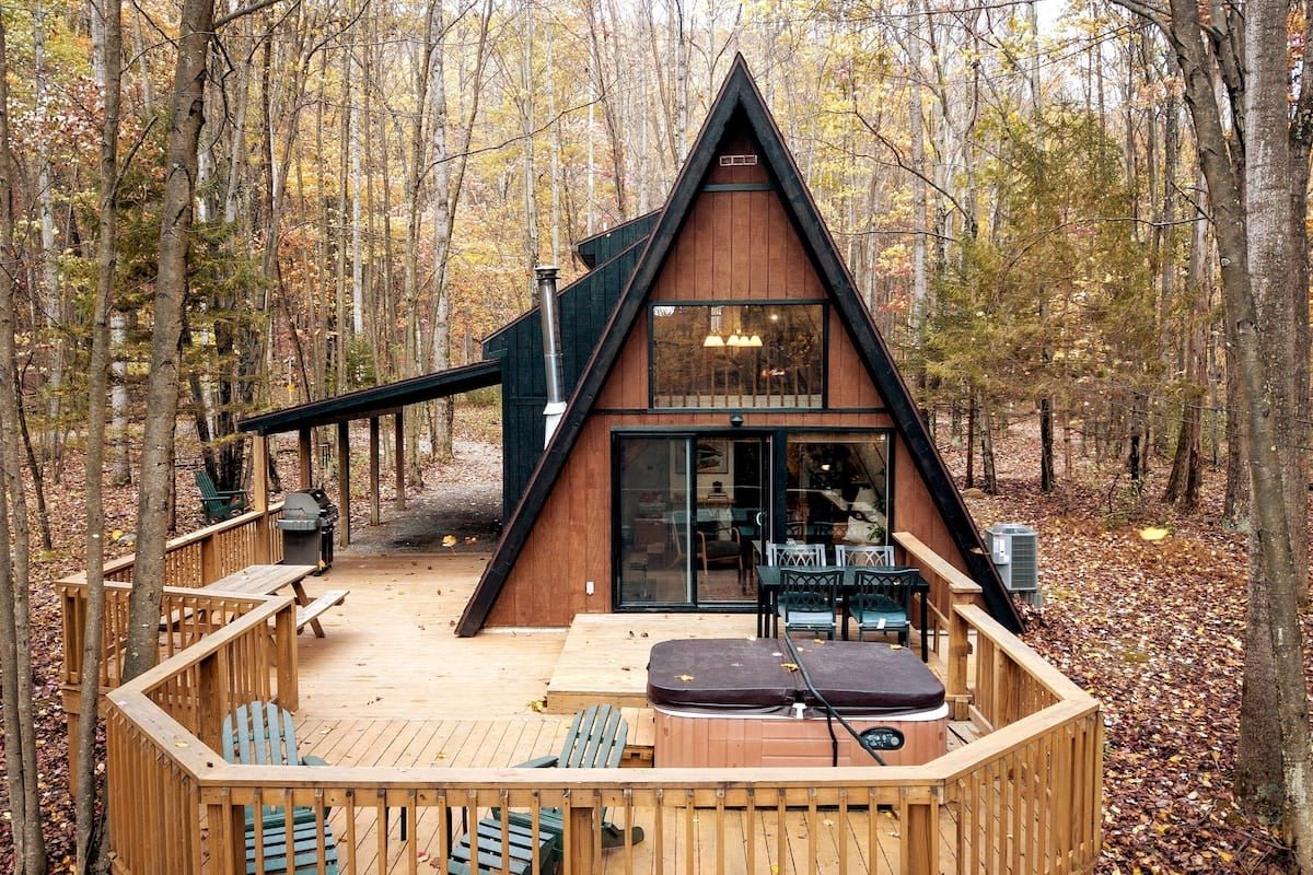 Discover product from Dreamtime - Modern A-Frame Cabin w/ Hot tub