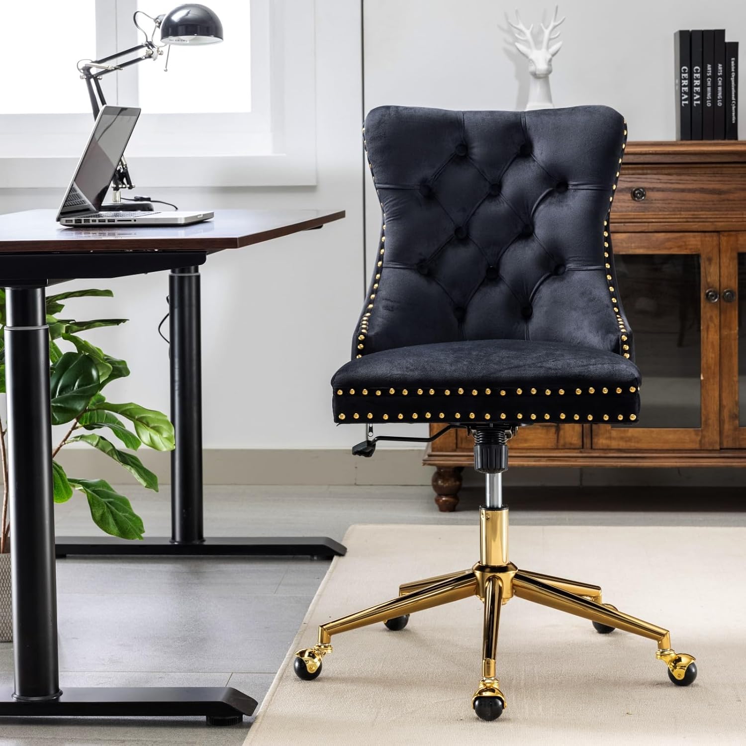 Velvet Upholstered Tufted Office Chair with Golden Metal Base - From Where